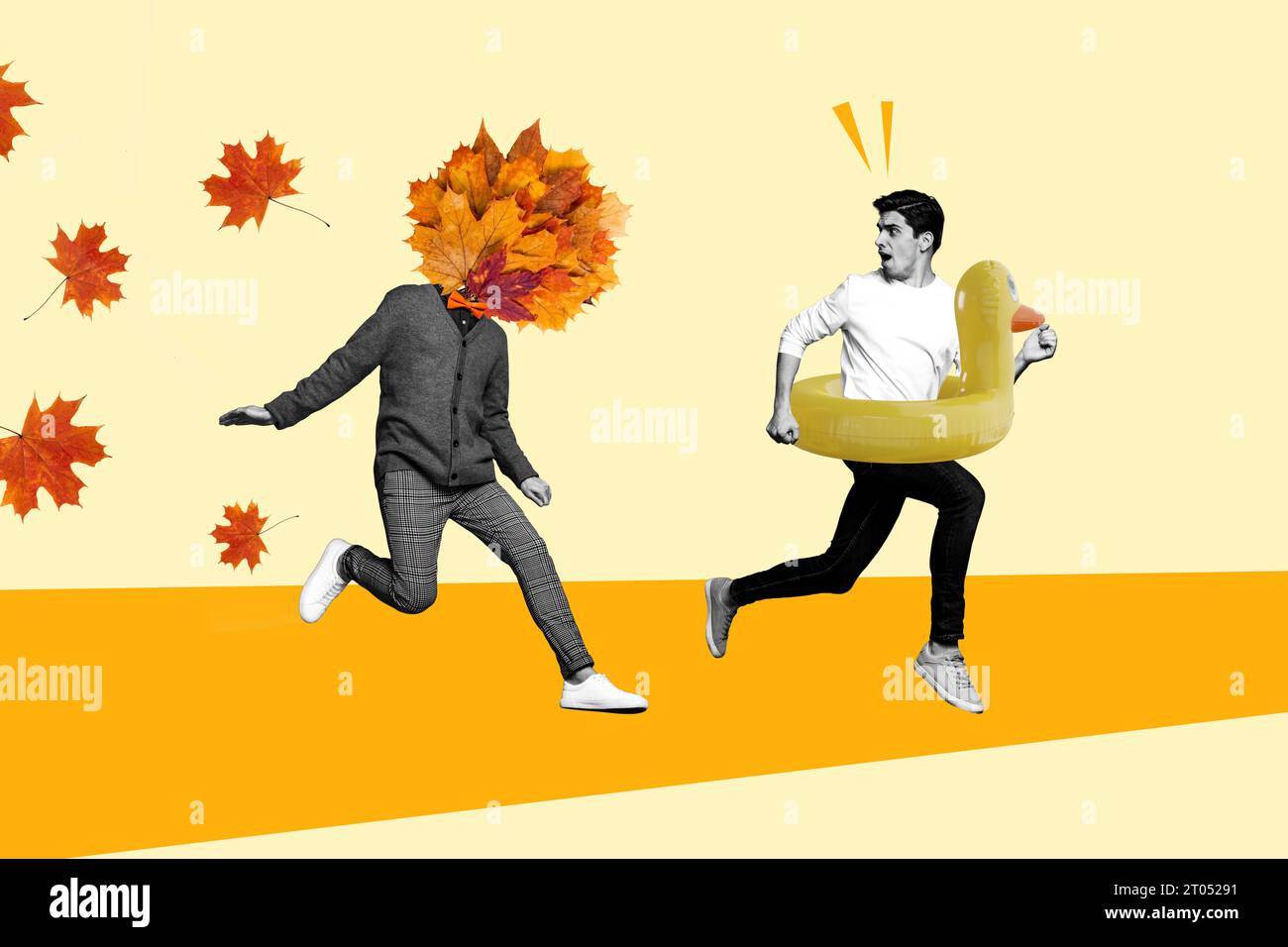 Picture image collage of funky guy running escape autumn season weird ...