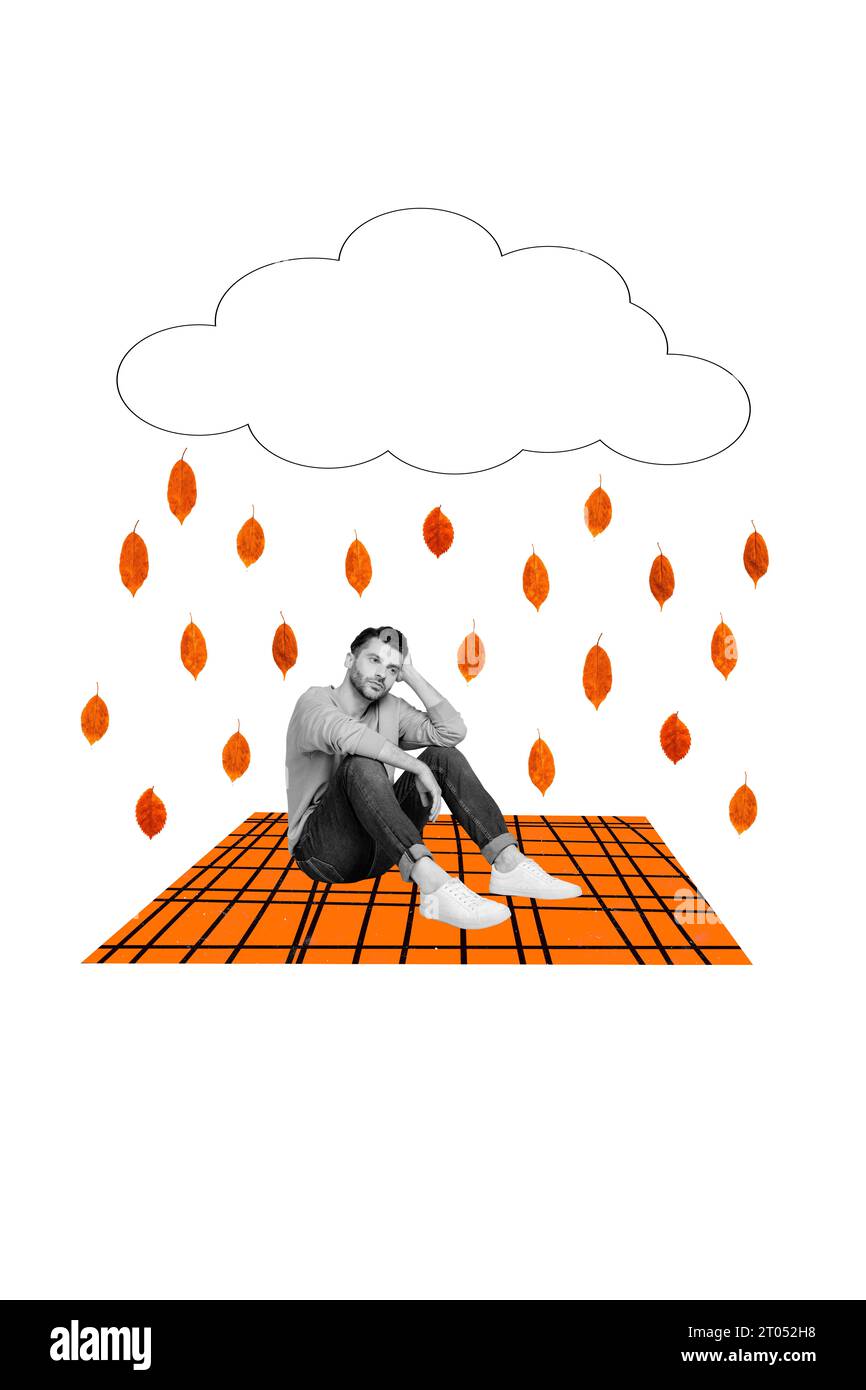 Vertical composite creative photo collage of sad upset man sit on ...