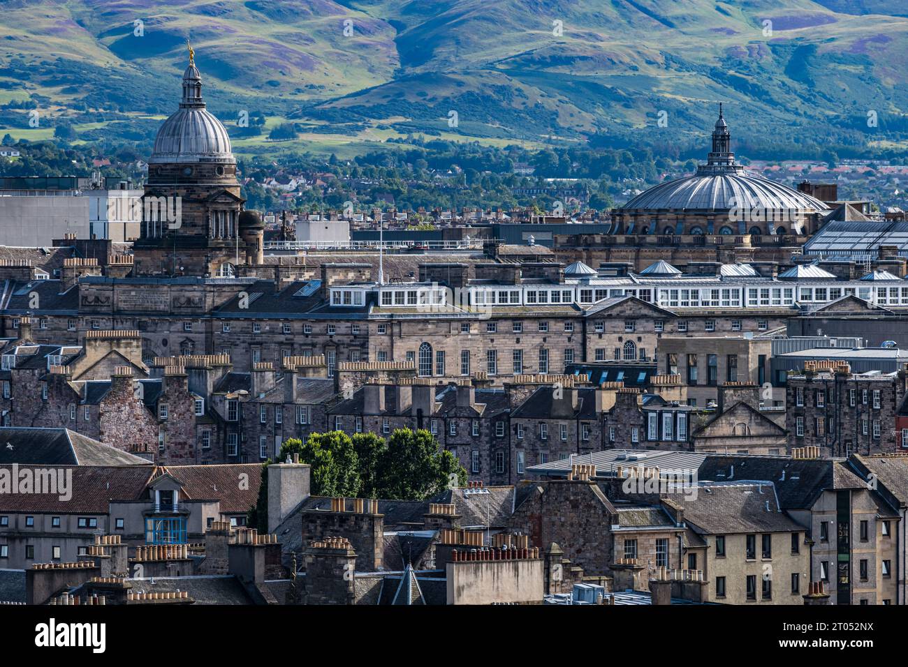 City skyline view with Old College and McEwan Hall domes and Pentlands ...