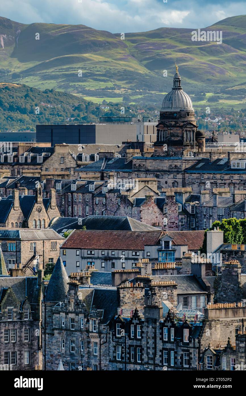 City skyline view with Old College dome and Pentlands Hills in distance ...