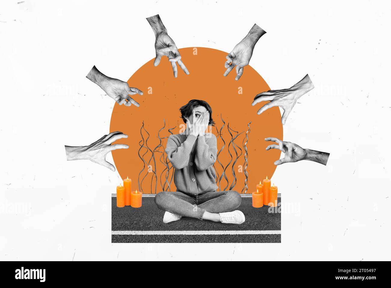 Composite creative photo illustration collage of frightened girl sit ...