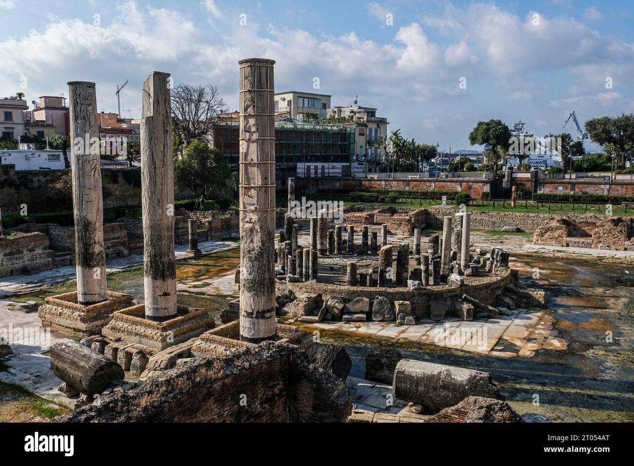 Roman ruins of the temple of Serapis in the city of Pozzuoli, in the ...