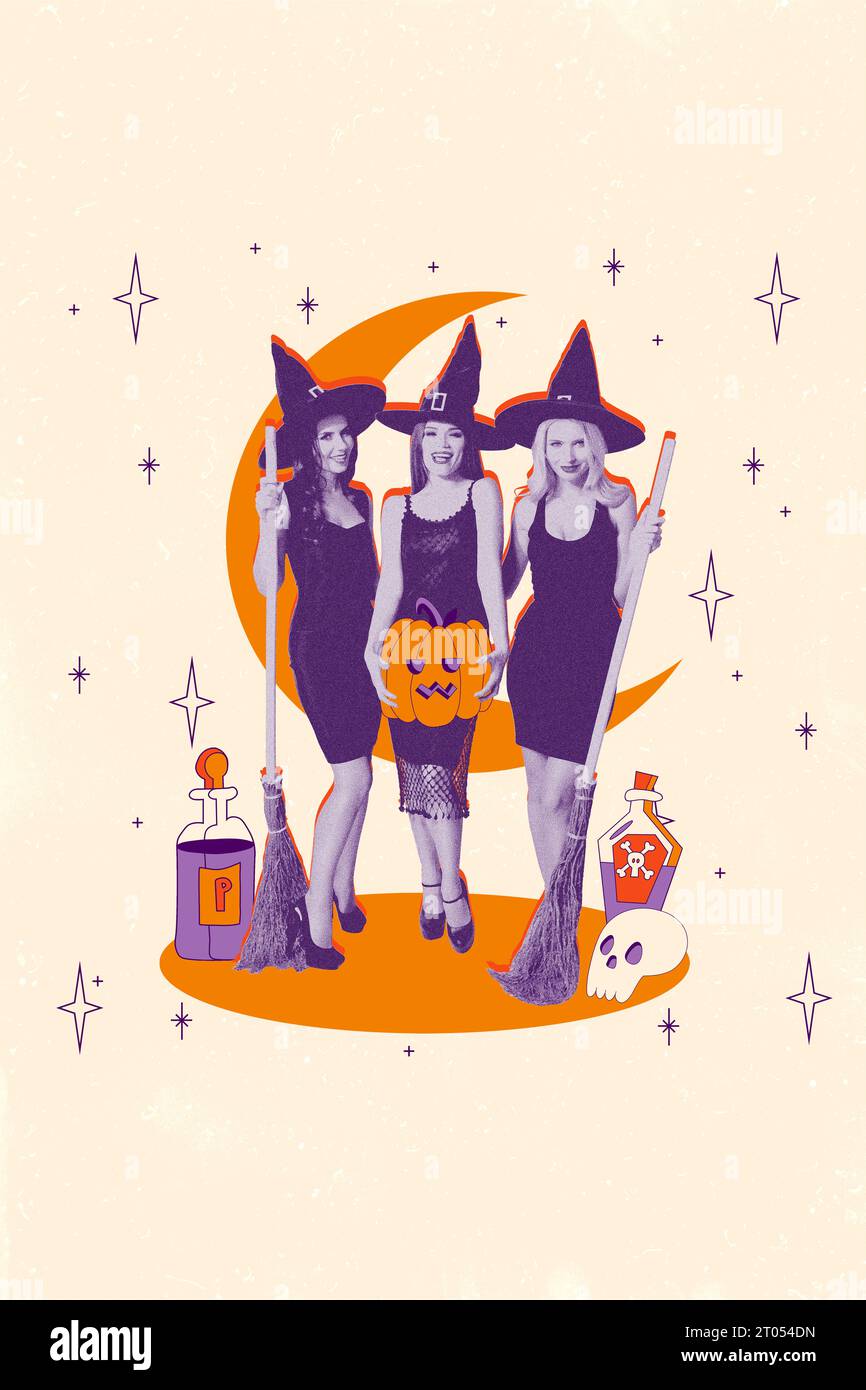 Vertical composite creative photo collage of happy tricky witches hold ...