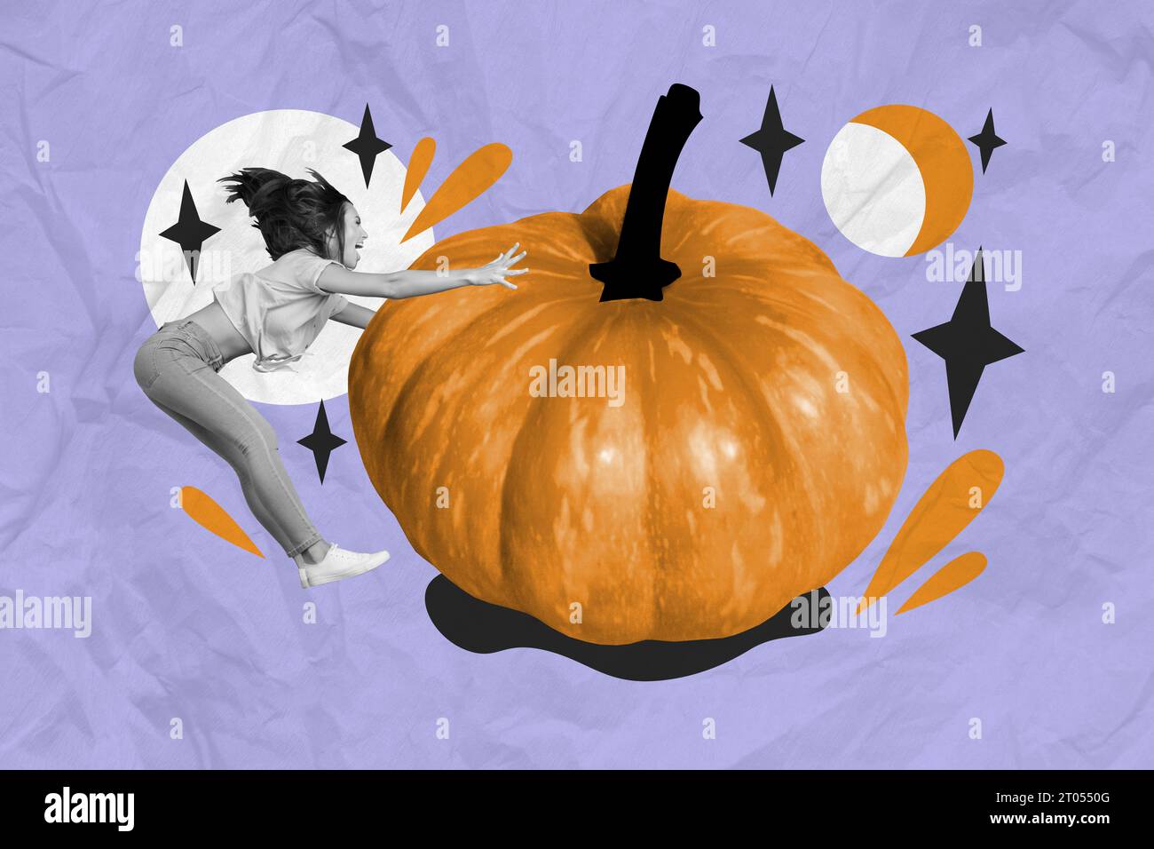 Artwork collage picture of excited mini black white colors girl jump ...