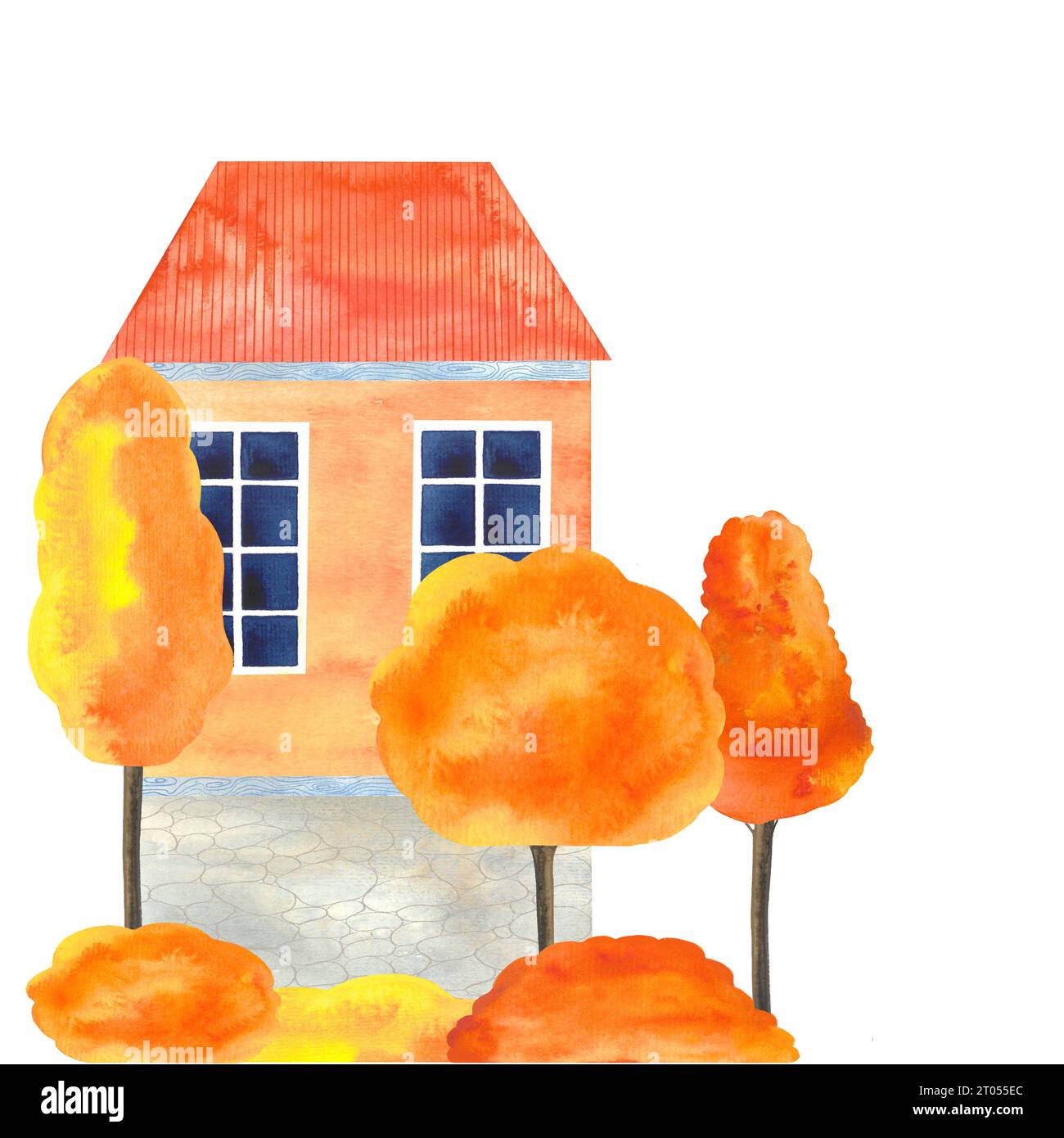 autumn landscape illustration, golden foliage watercolor hand painted ...