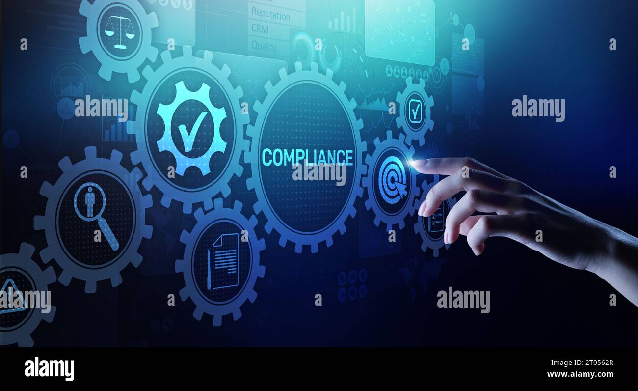 Compliance concept with icons and text. Regulations, law, standards ...