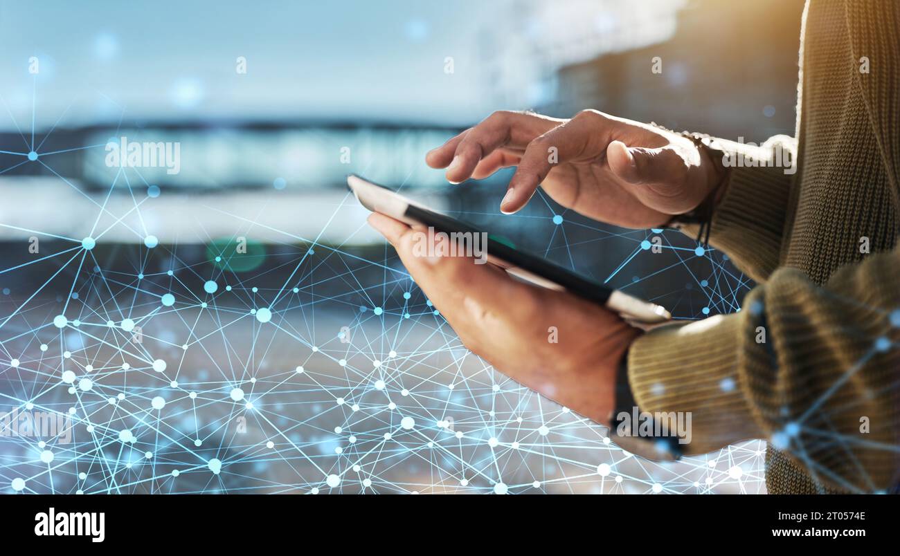 Technology, innovation with hands and tablet, digital transformation ...