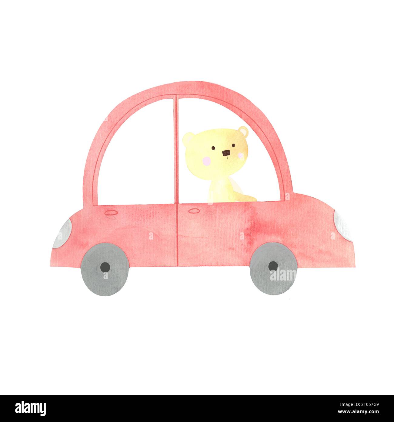 illustration of a bear in a red car hand drawn by watercolor, isolated ...