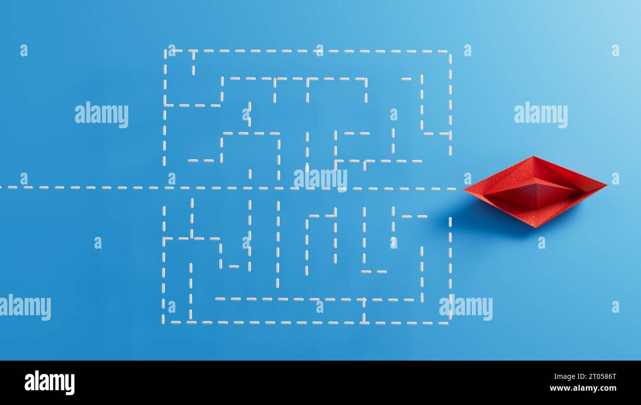 Red paper boat breaking through maze on blue background, Concept of ...