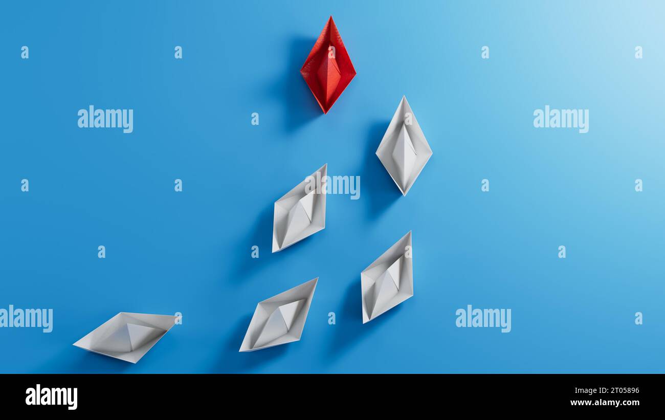 Leadership concept with red paper boat leading among white.3D rendering ...