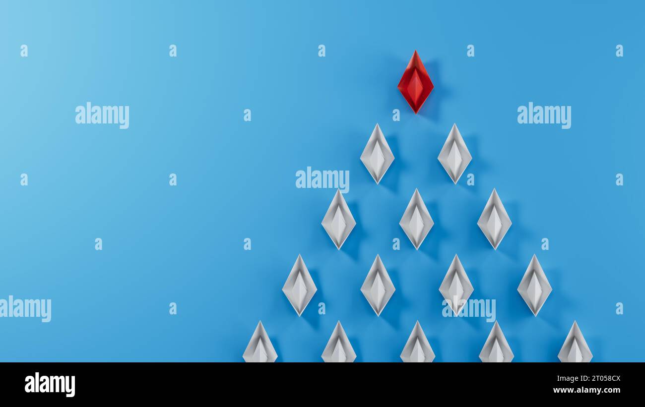 Leadership concept. Red leader paper ship leading among white on blue ...