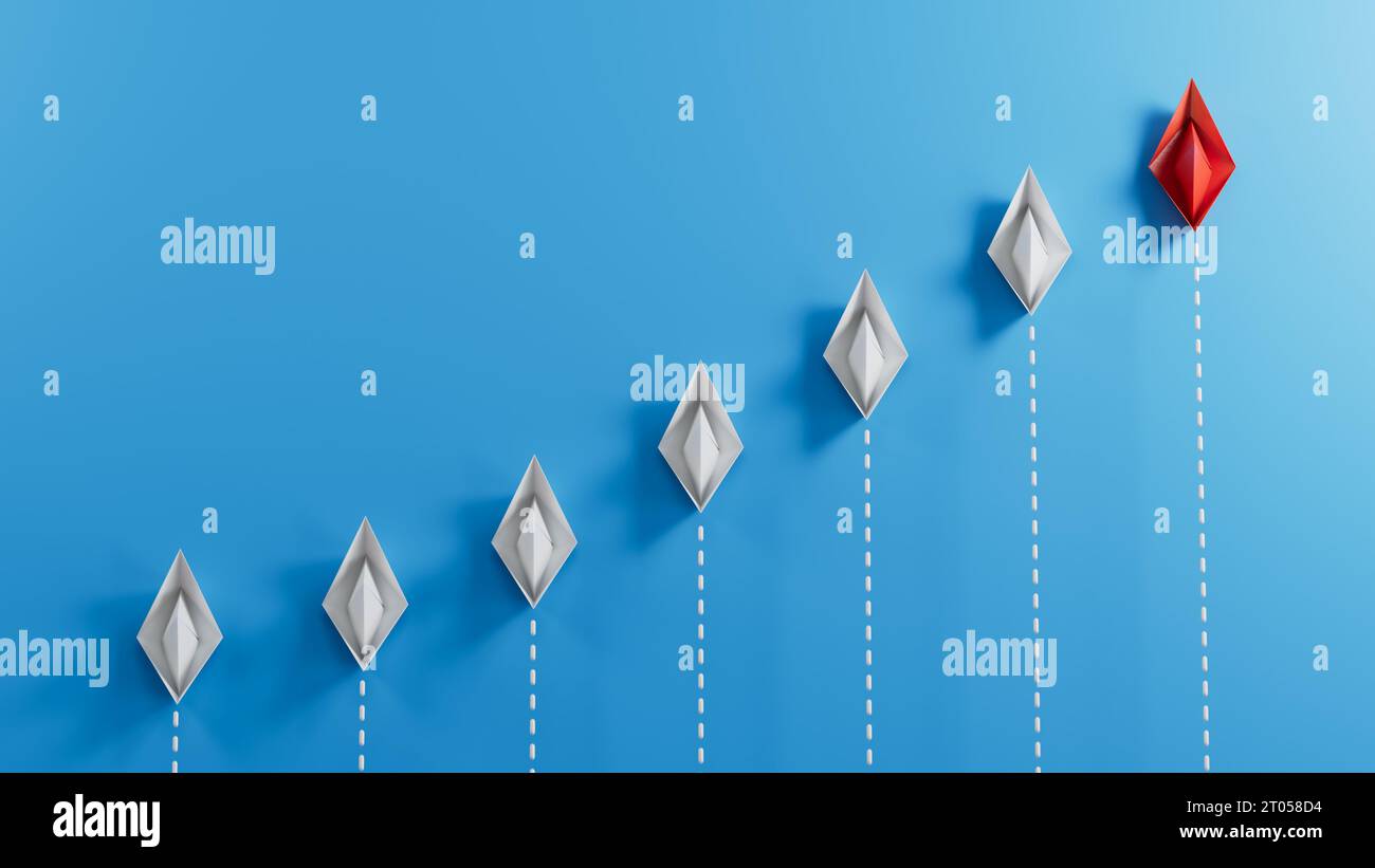 Leadership concept with red paper boat leading among white on blue ...