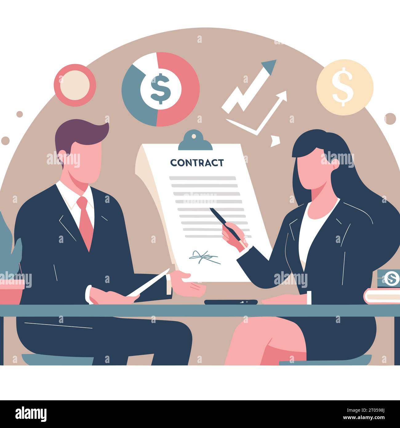 Business people working together, signing a contract, flat vector ...