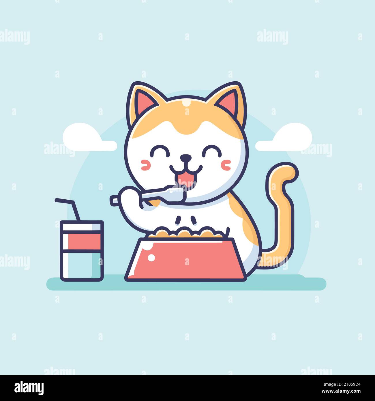 Flat vector illustration of a cute cat eating food Stock Vector Image ...