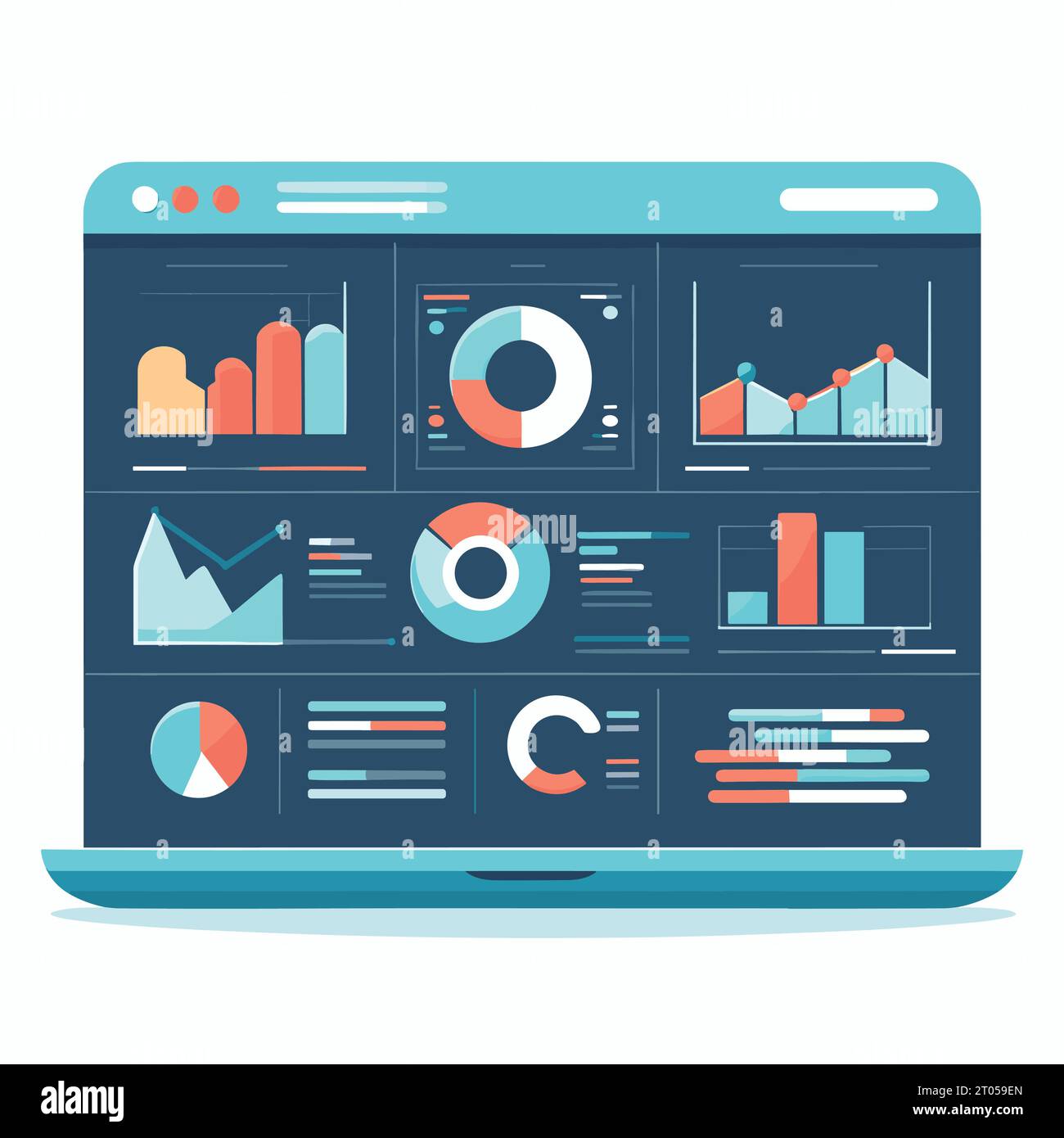 Flat vector illustration of a laptop screen displaying data charts ...