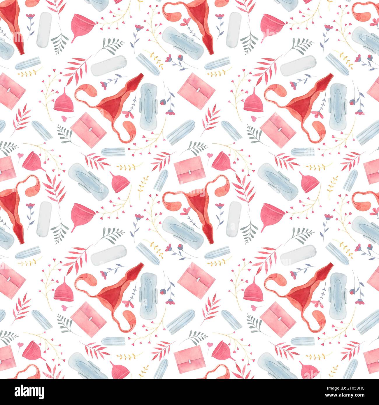 sanitary napkin pattern, watercolor pattern with hand-drawn feminine ...