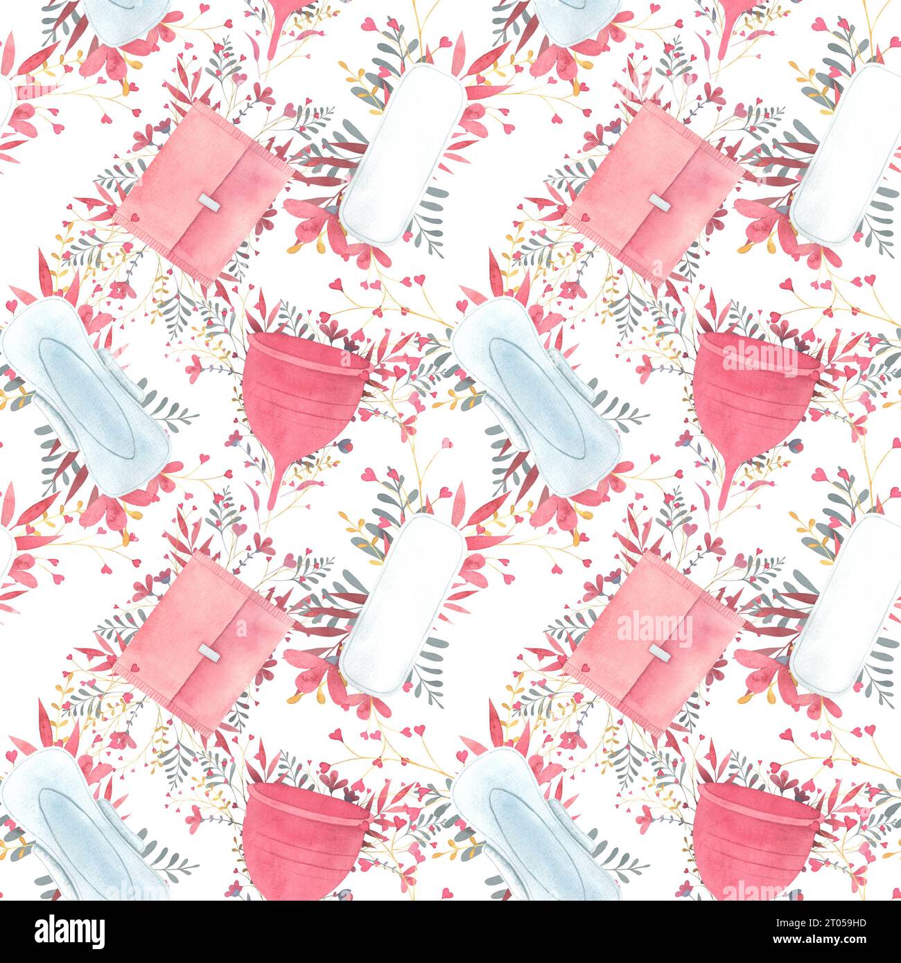 sanitary napkin pattern, watercolor pattern with hand-drawn feminine ...