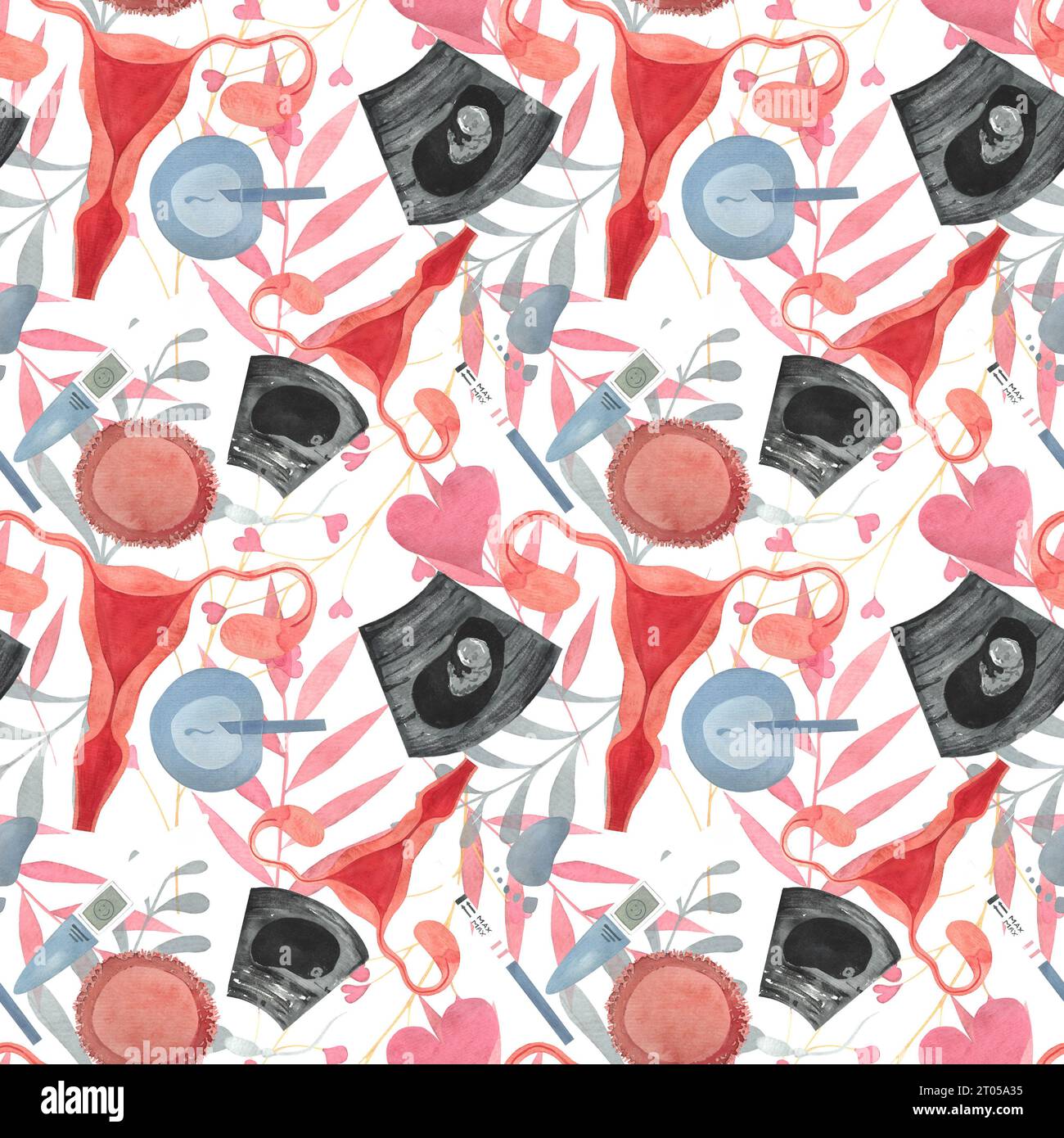 ivf watercolor pattern, in vitro fertilization, uterus, egg, sperm ...