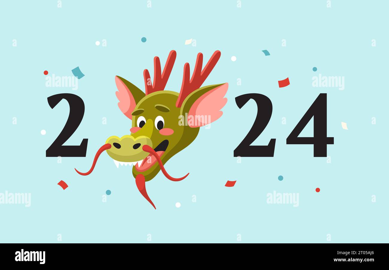 2024 year text with Chinese Dragon head and confetti, happy new year ...