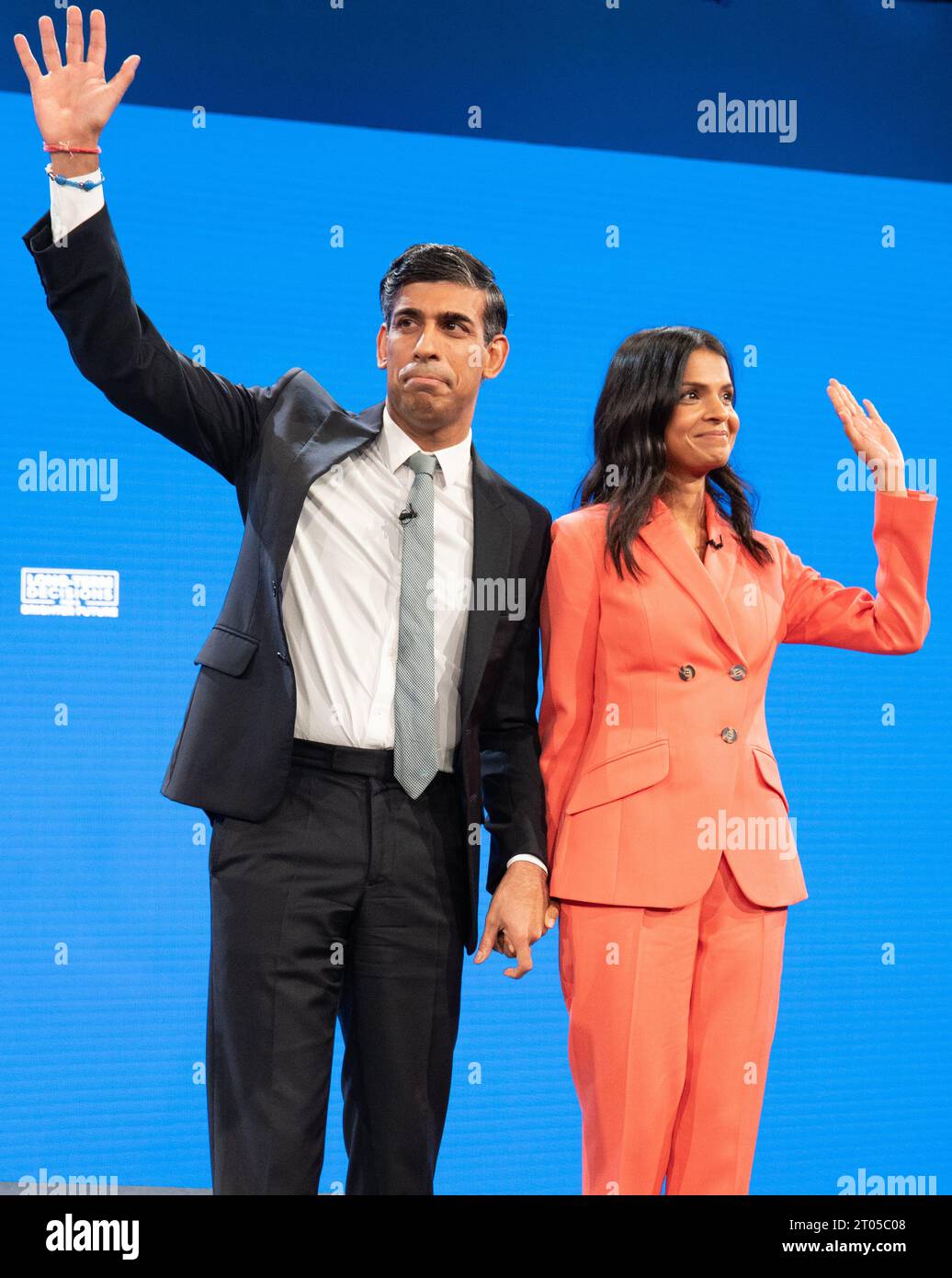 Prime Minister Rishi Sunak and his wife Akshata Murty on stage after he ...