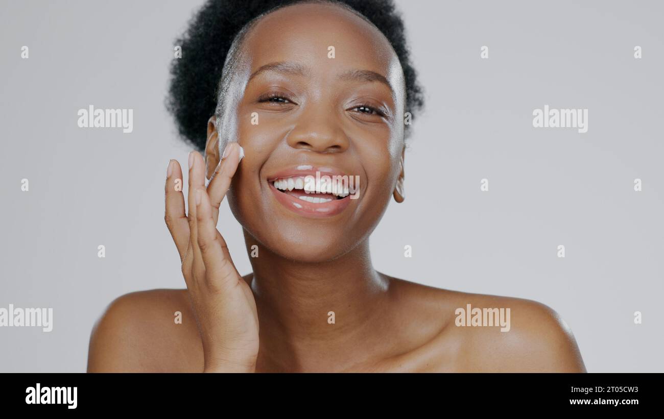 Happy black woman, portrait and skincare cream for beauty or cosmetics ...