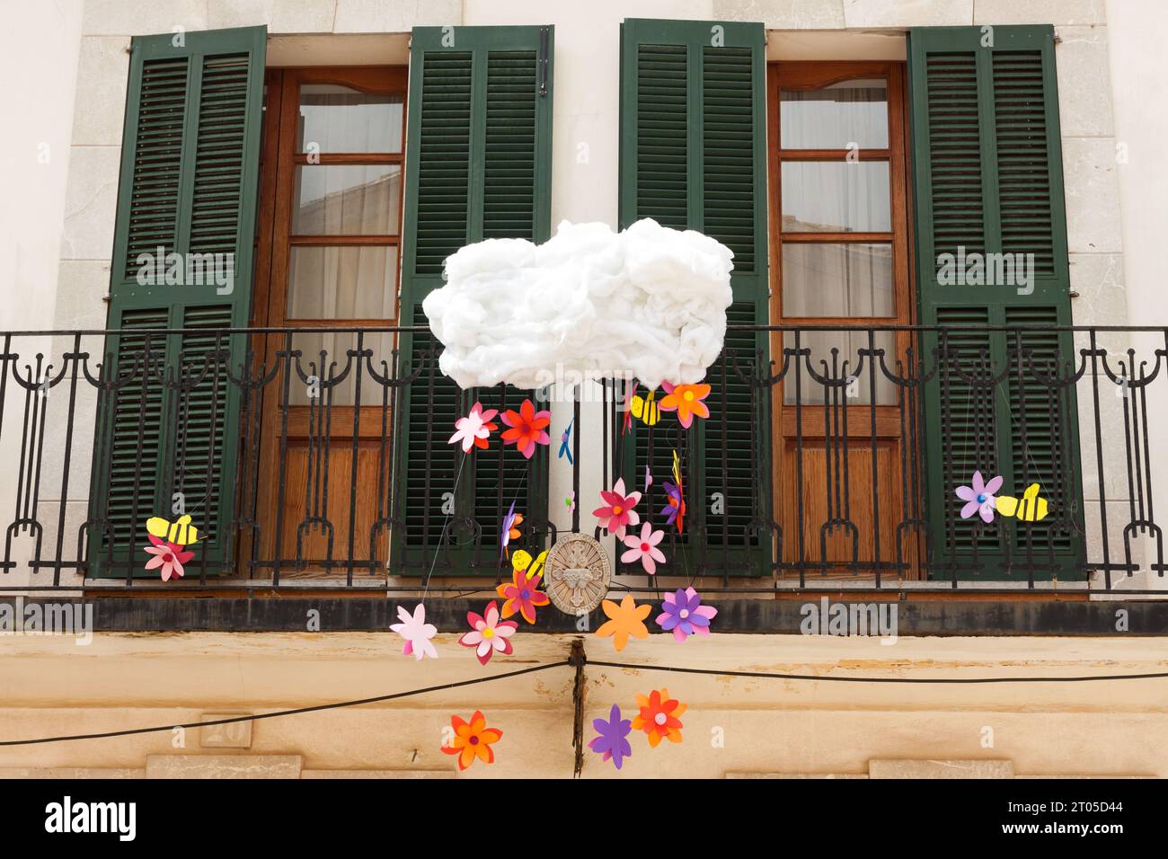 Doors with green shutters, decorated with a cloud and some flowers on ...