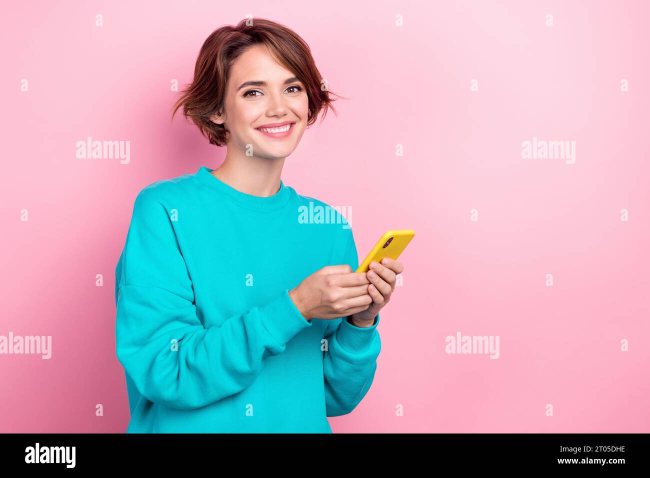 Photo of attractive young woman gadget instagram telegram twitter ...