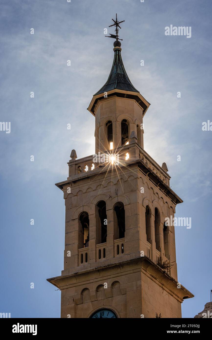 detail of the upper bell tower and spire of st francis church split ...