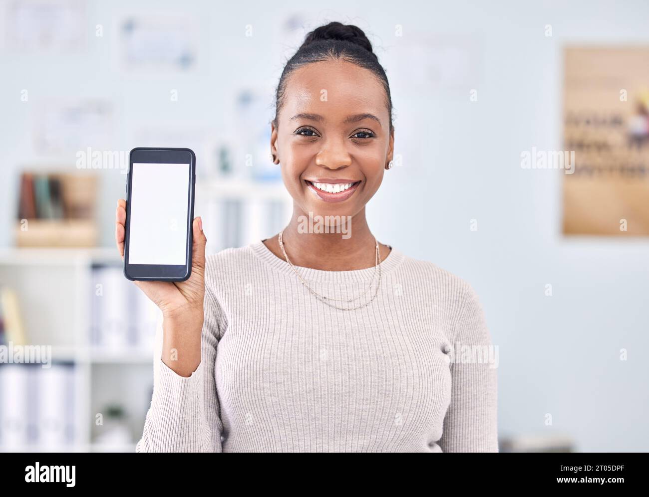 Phone screen, technology and black woman with advertising mockup ...