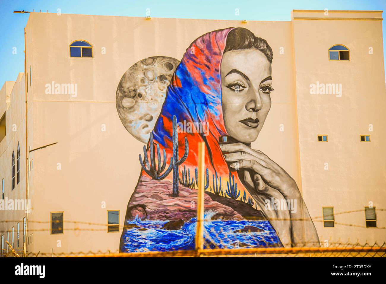 Mural of Maria Felix and the Moon on a building wall. Maria was a ...