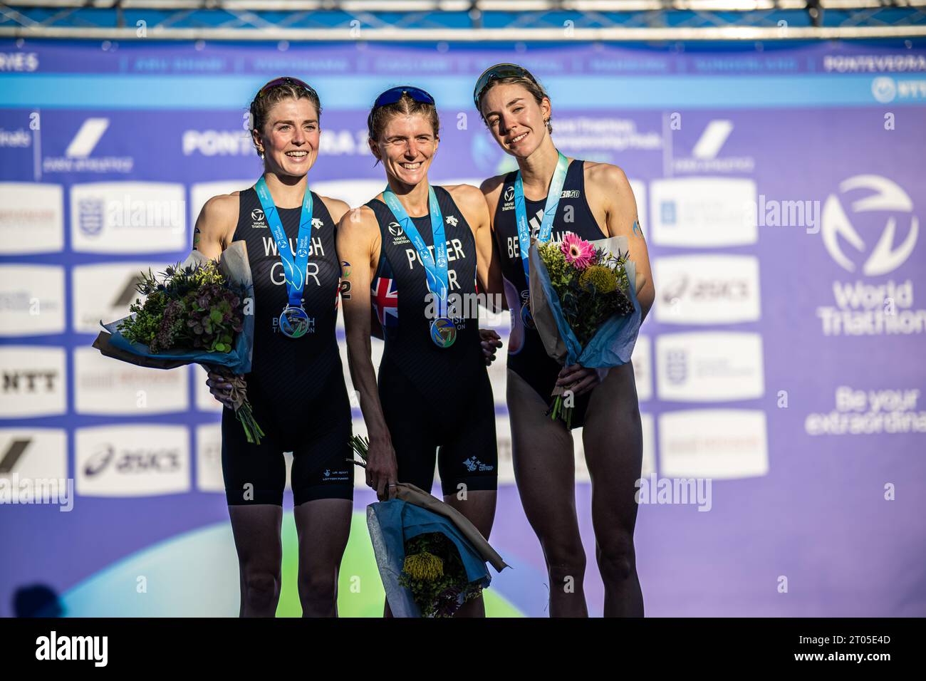 Beth Potter,Cassandre Laure Beaugrand,Kate Waugh on the podium with the ...