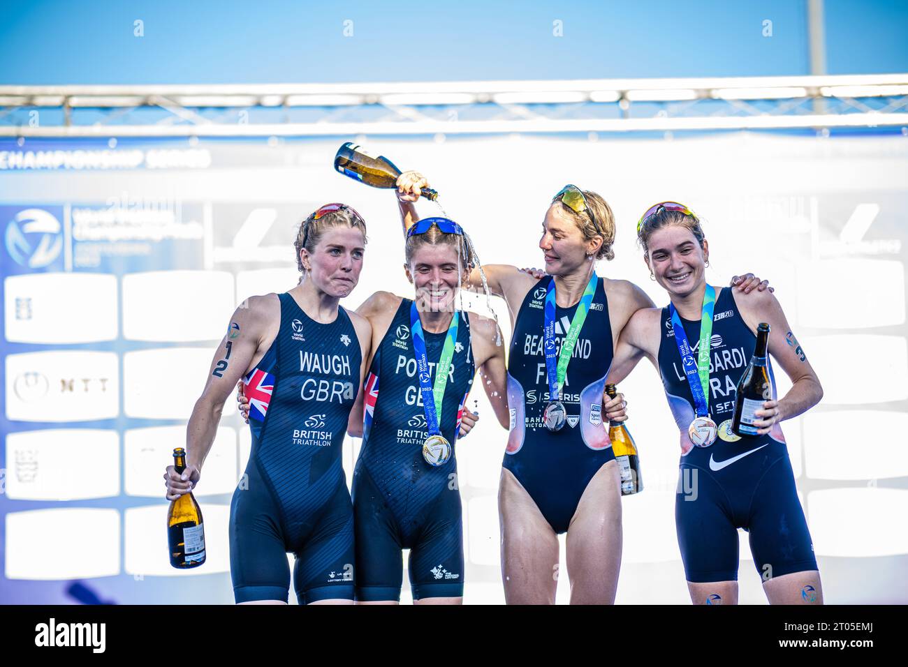 Beth Potter,Cassandre Laure Beaugrand,Kate Waugh on the podium with the ...