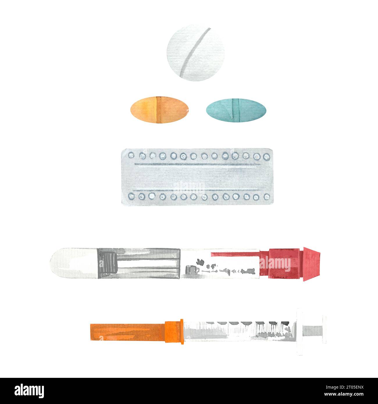 pills, syringes, medications, medicines, watercolor hand drawn ...