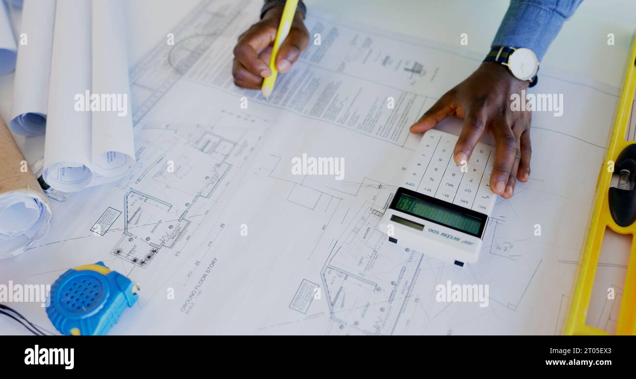 Architecture, hands and calculator for blueprint planning. ratio check ...