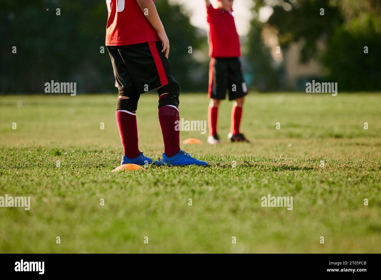 Cropped photo of little soccer players wearing sport uniform in jersey ...