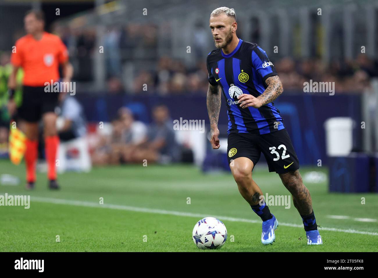 Federico Dimarco of Fc Internazionale in action during the Uefa Champions League match beetween ...