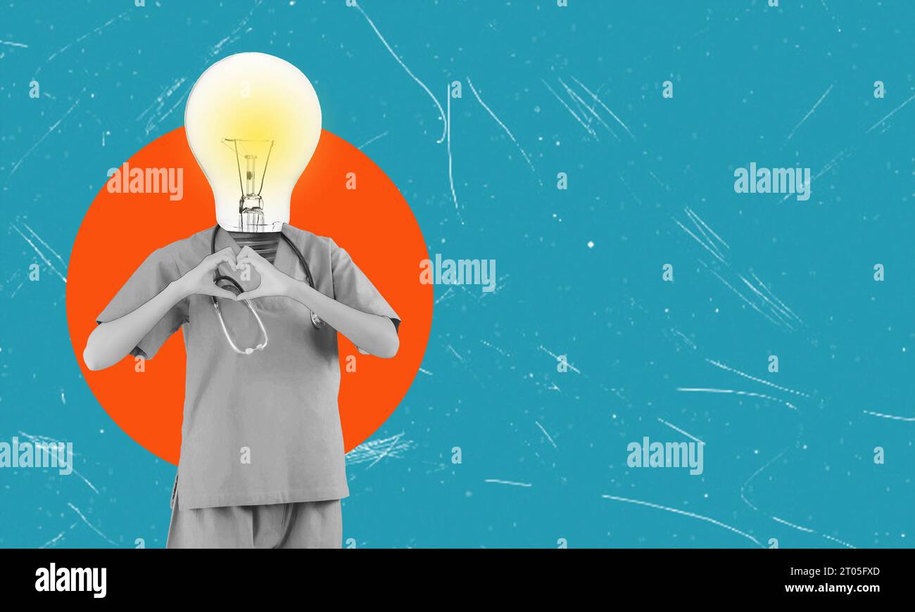 Modern artistic collage, a pharmacist in a lab coat holding a heart ...