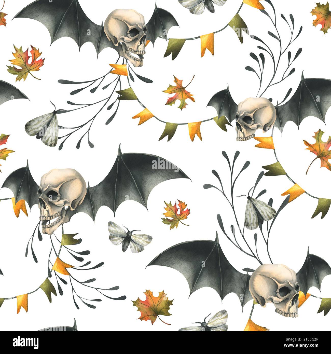 Human skulls with bat wings, branches, moths, garlands of flags and ...