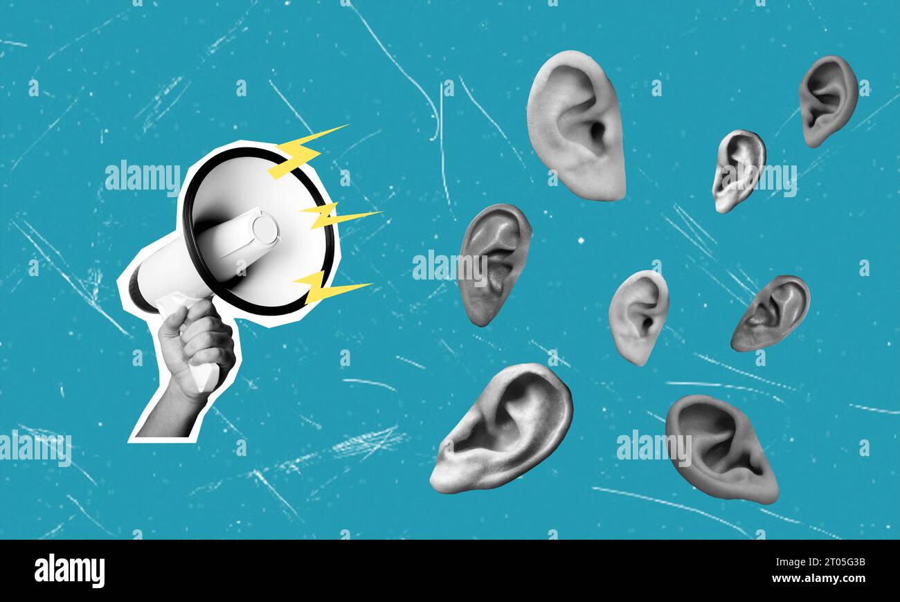 Time for a business meeting. Modern art collage depicting human ears ...