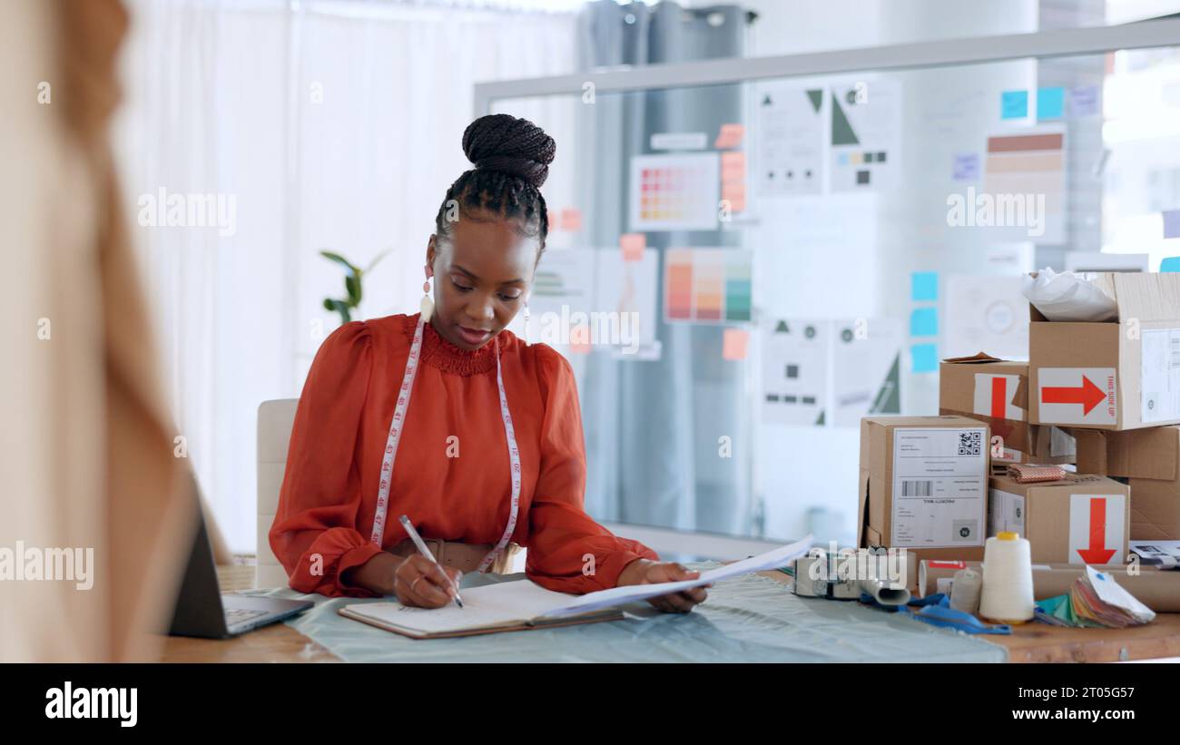 Fashion, designer and black woman with checklist for delivery ...