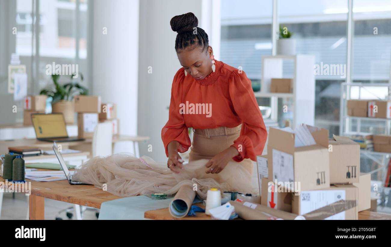 Fashion logistics, designer and black woman with box for clothing brand ...