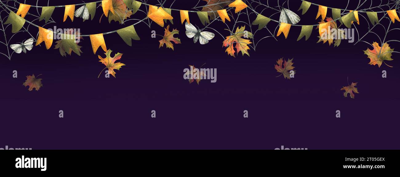 Garlands with flags in green and orange with falling autumn leaves ...
