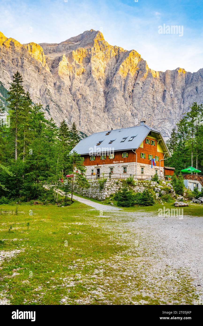 Aljazev Dom - mountain hut under Triglav, the highest mountain of Slovenia. Triglav National ...