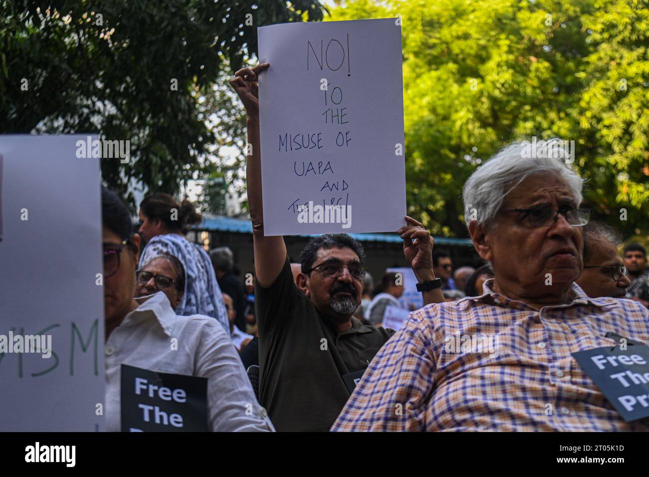 New Delhi, Delhi, India. 4th Oct, 2023. Members of the media hold ...