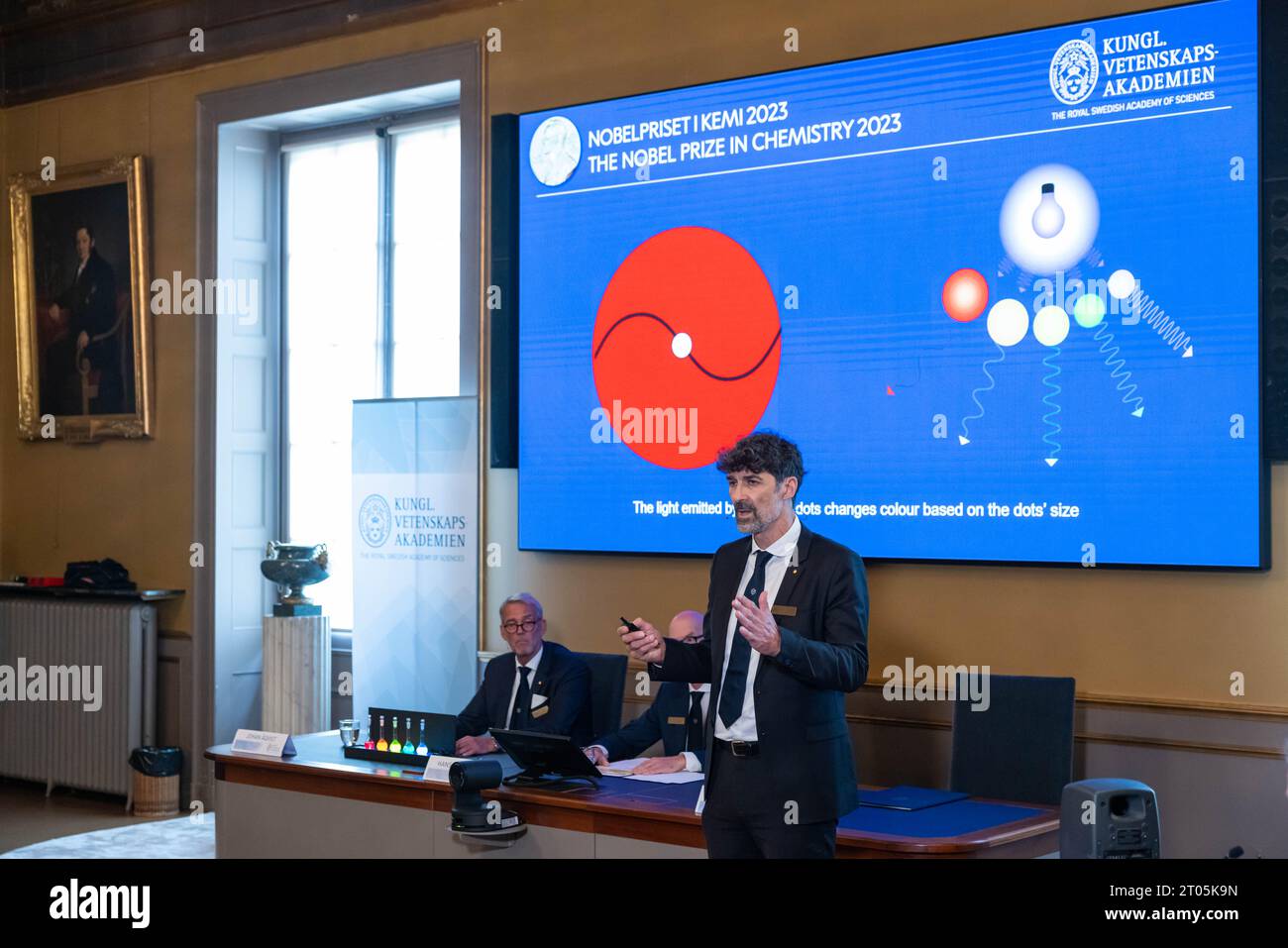 Stockholm, Sweden. 4th Oct, 2023. Heiner Linke, member of the Nobel Committee for Chemistry ...