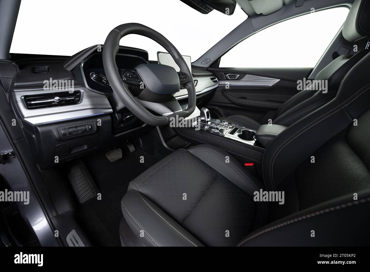 Clean modern car dashboard with steering wheel and isolated windows ...