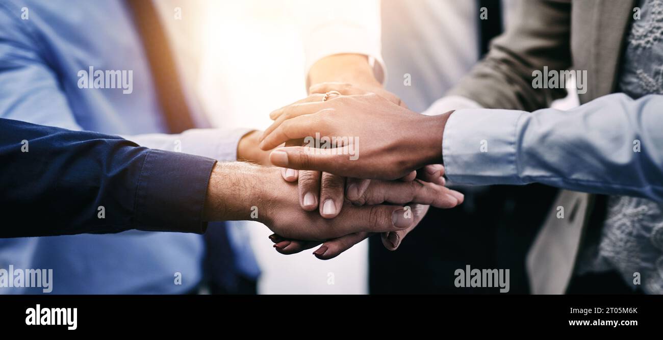 Closeup, stack and business people with cooperation, hands and collaboration with mission ...