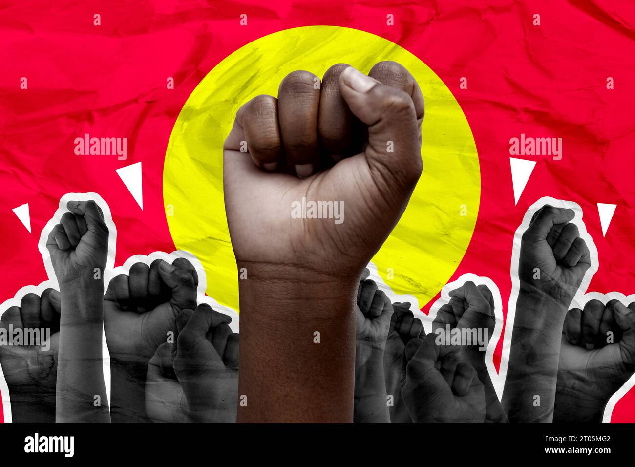 Fist, protest and fighting for human rights with people on a red ...
