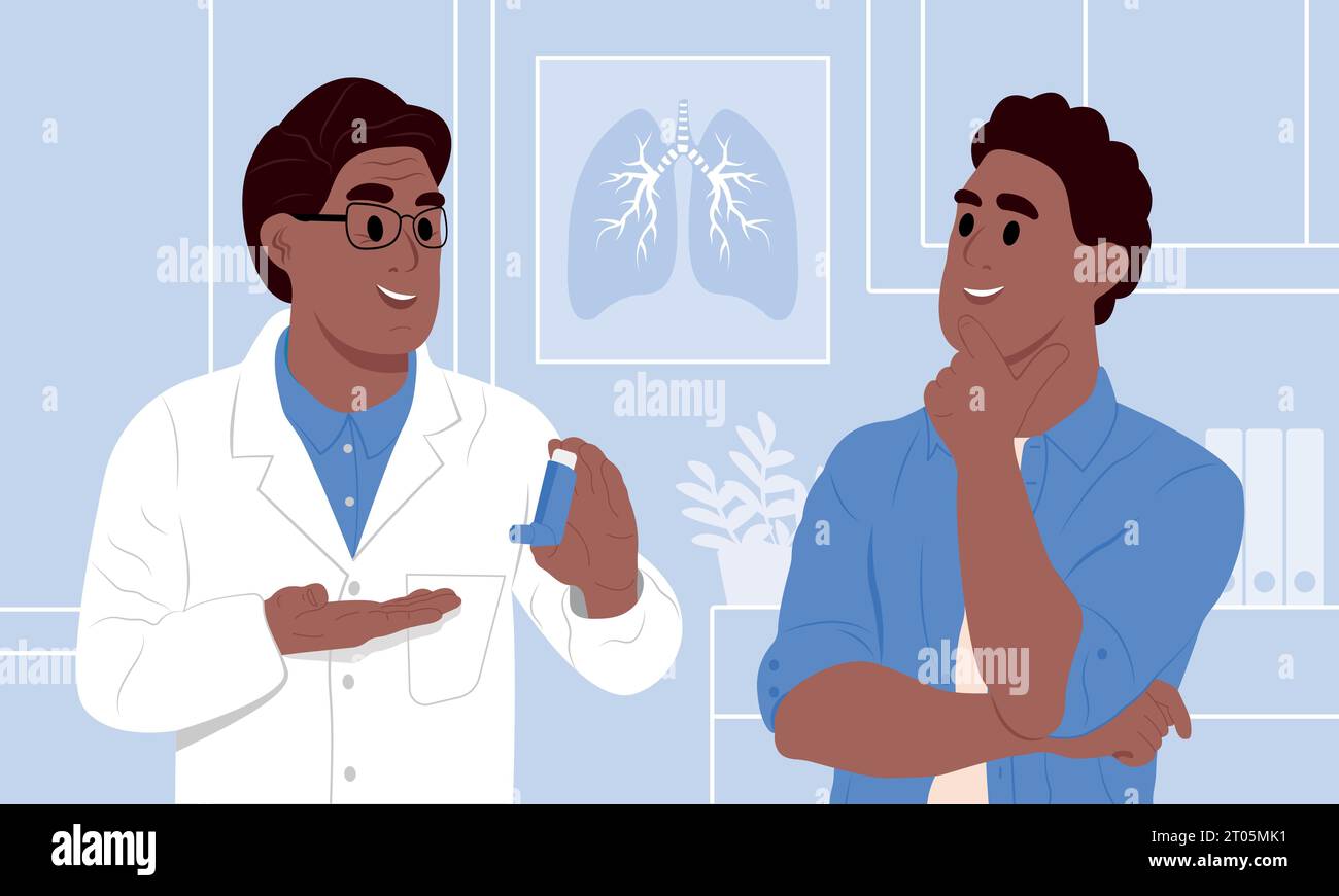 Black doctor is telling to her patient how to use inhaler. Allergy ...