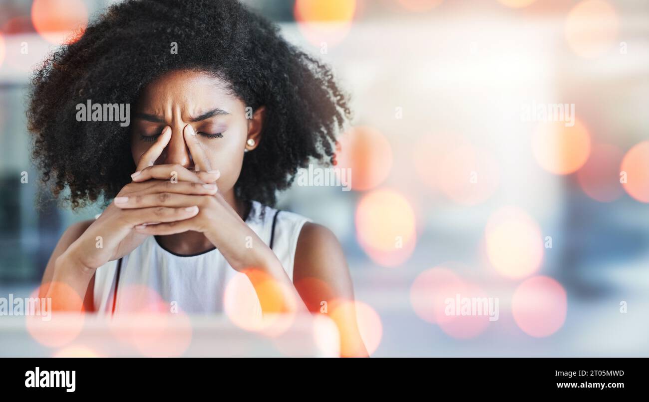 Woman, depression and headache in office for project failure, worry and ...